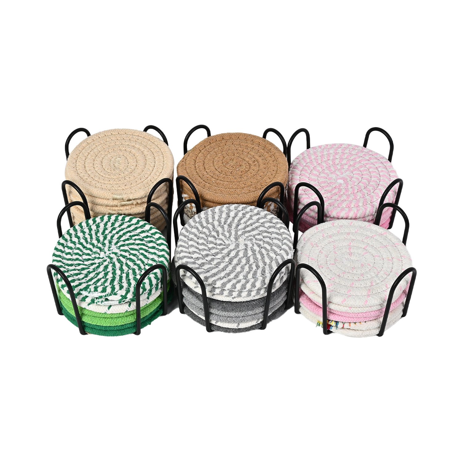 Woven Coasters with Metal Holder Round Drink Cotton Coffee Cup Coasters ...